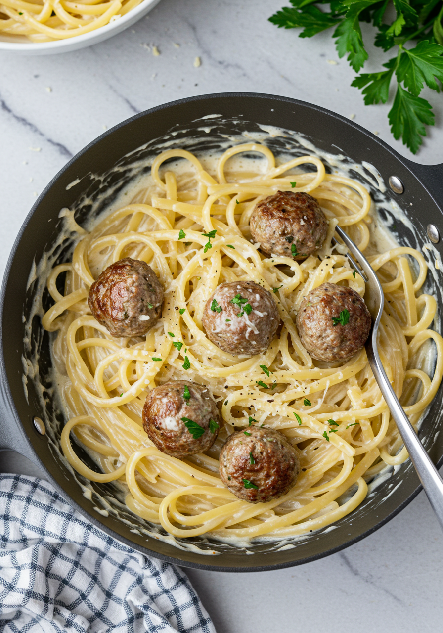 Garlic Butter Meatballs over Creamy Parmesan Linguine - Sophiacooking