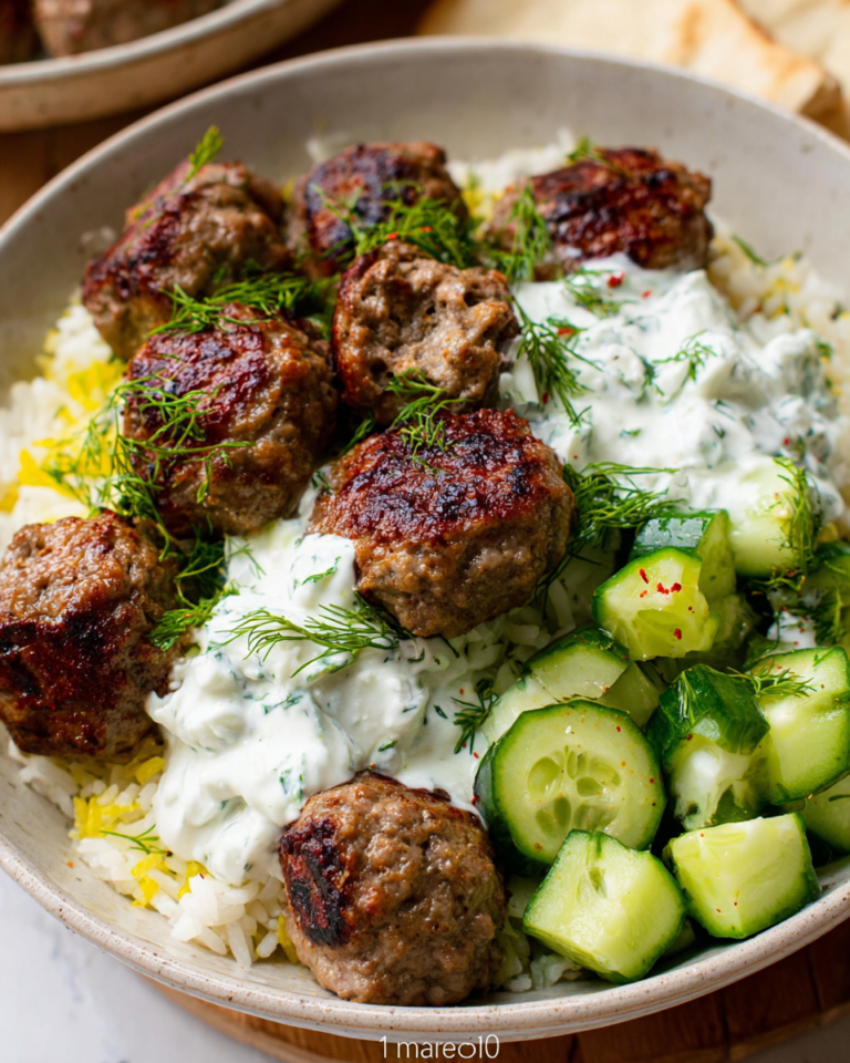 Gyro Bowls (Meatballs with Tzatziki, Lemon Rice, and Cucumber Salad)