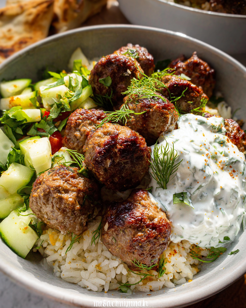 Gyro Bowls (Meatballs with Tzatziki, Lemon Rice, and Cucumber Salad)