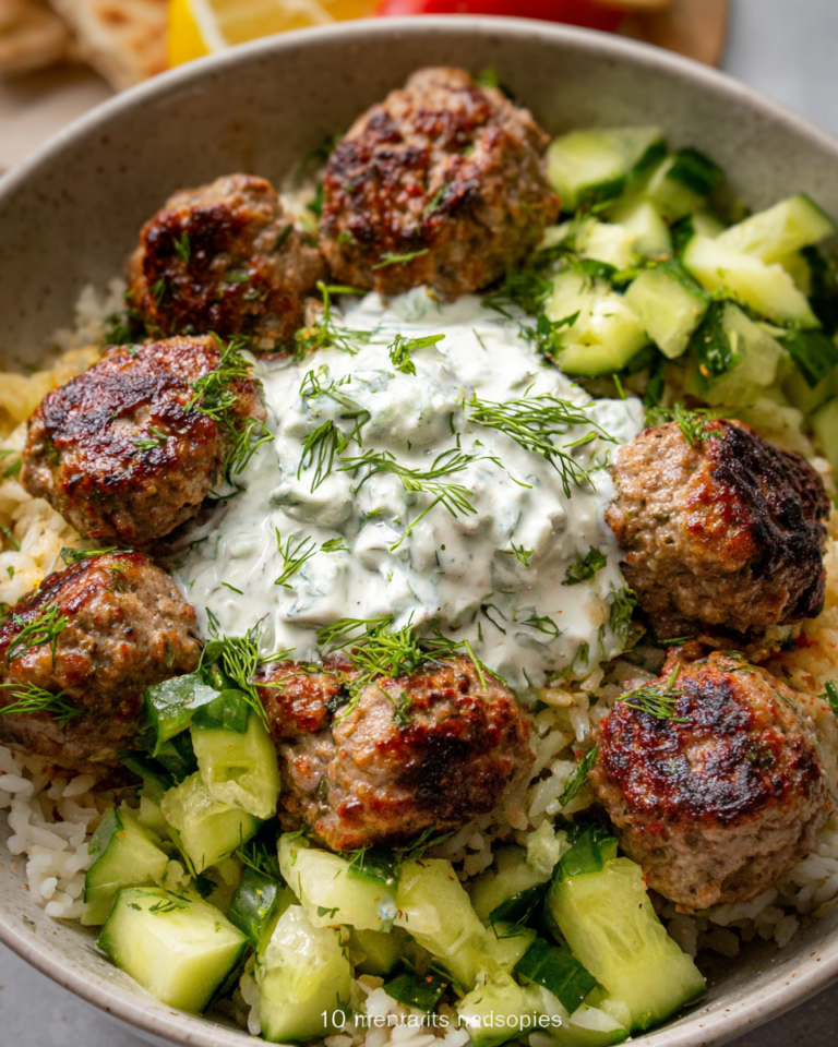 Gyro Bowls (Meatballs with Tzatziki, Lemon Rice, and Cucumber Salad)